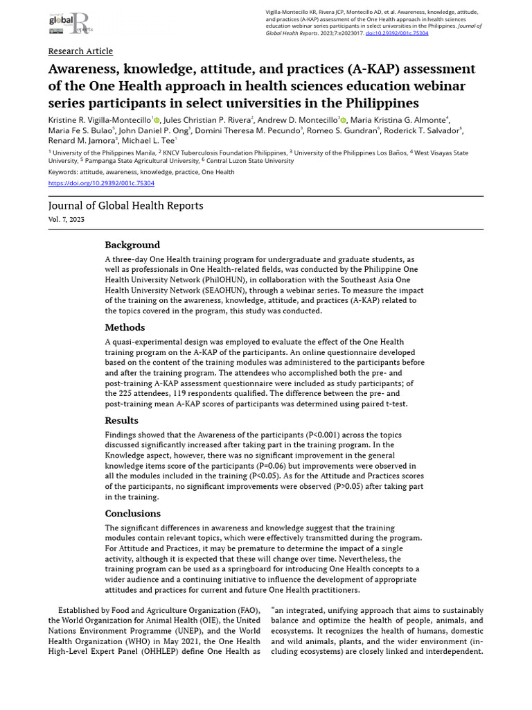 Awareness Knowledge Attitude And Practices A Kap Assessment Of The One