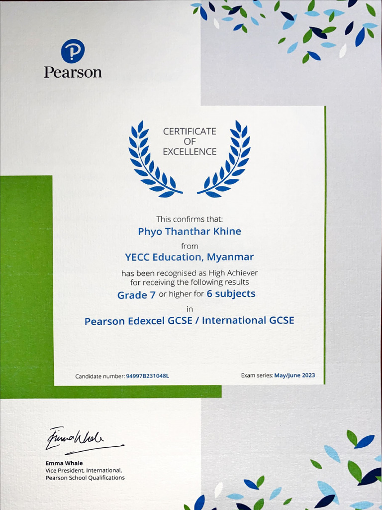 Pearson Excellence Award Certificate | PDF