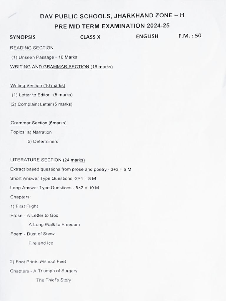 Synopsis Pre Mid Class 10 | PDF