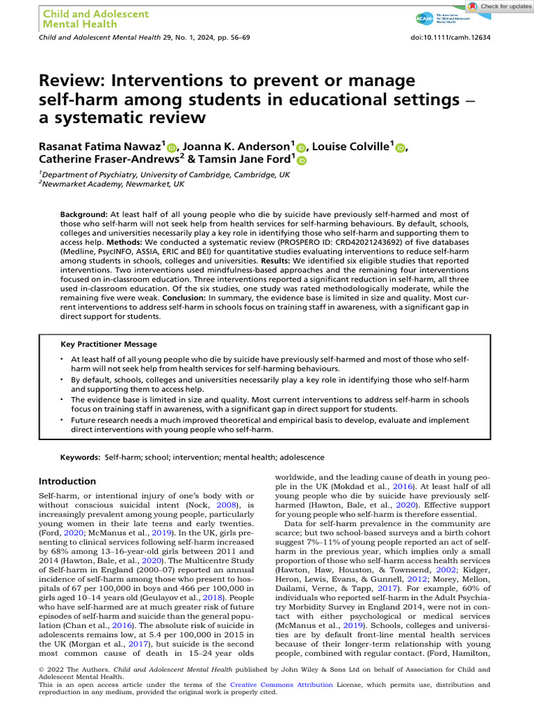 Child Adoles Ment Health - 2023 - Nawaz - Review Interventions To Prevent or Manage Self Harm ...