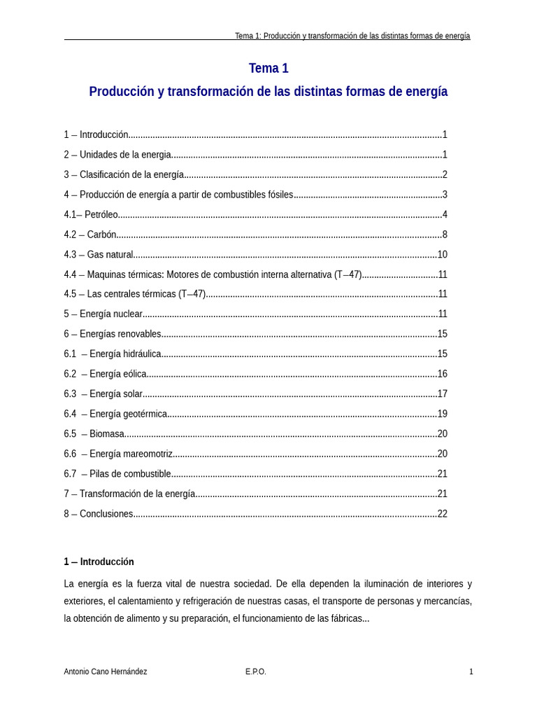 tema 1. Producción y transformación de las distintas formas de energía. | PDF | La energía ...