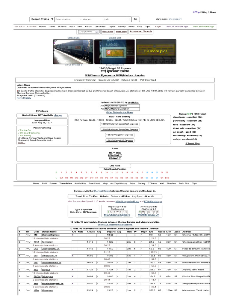 Yu12635 - Vaigai SF Express - Chennai Egmore To Madurai SR - Southern ...
