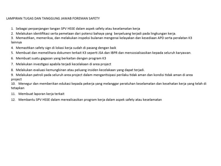 TUGAS DAN TANGGUNG JAWAB FOREMAN SAFETY | PDF