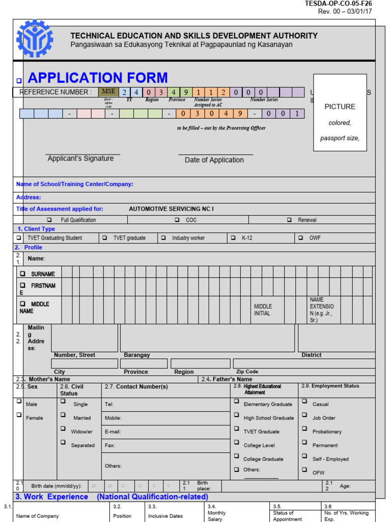Application Form Mses NC II | PDF