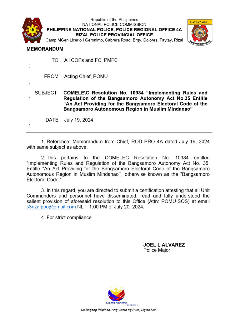 Bangsamoro Electoral Code Memo | PDF