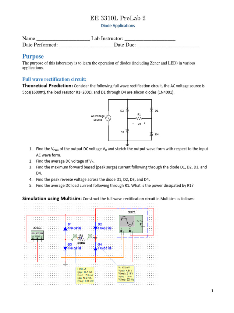 Ee 3310 Prelab 2 | PDF | Rectifier | Diode