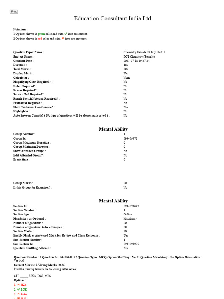 Chemistry Female 18 July Shift 1 | PDF | Interest | Multiple Choice