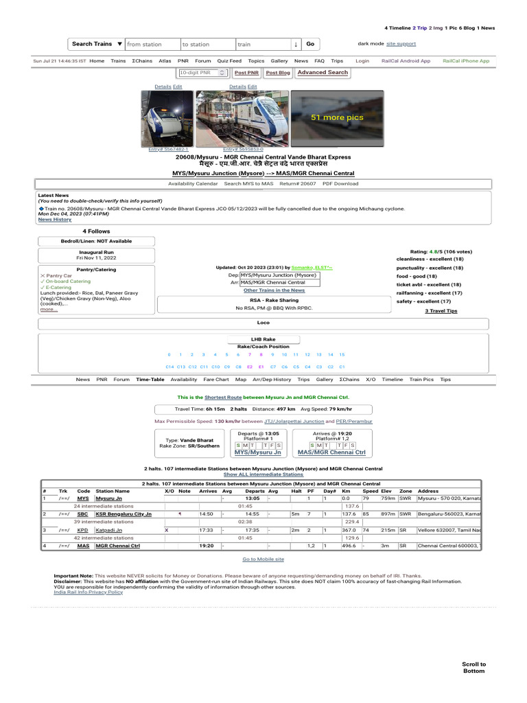 Asdmysuru - MGR Chennai Central Vande Bharat Express - 20608 Time Table - Schedule - Mysore To ...