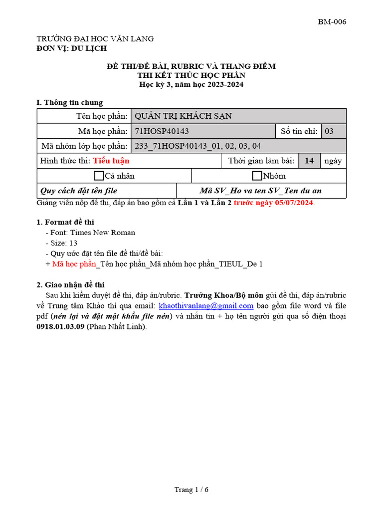 71HOSP40143 - Quản Trị Khách Sạn - 233 - 71HOSP40143 - 01,02,03,04 ...