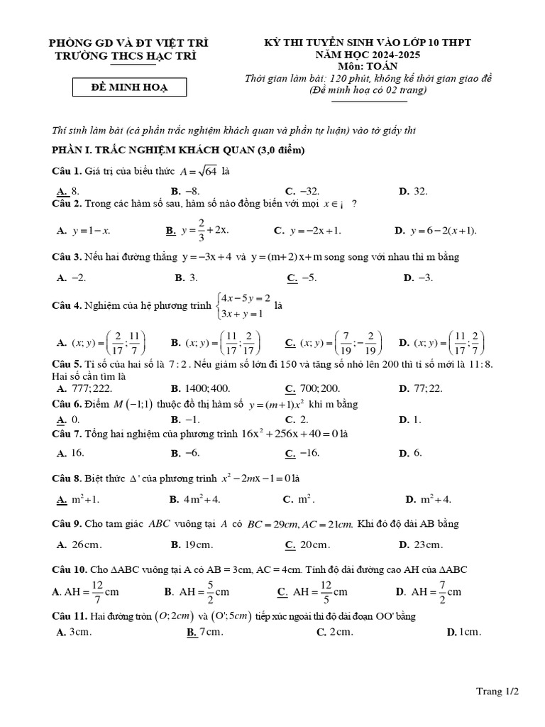 De-Thi-Thu-Tuyen-Sinh-Vao-Lop-10-Mon-Toan-2024-Thcs-Hac-Tri | PDF