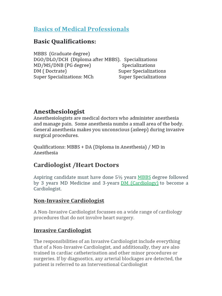Basics of Medical Professionals | PDF | Cardiology | Doctor Of Medicine
