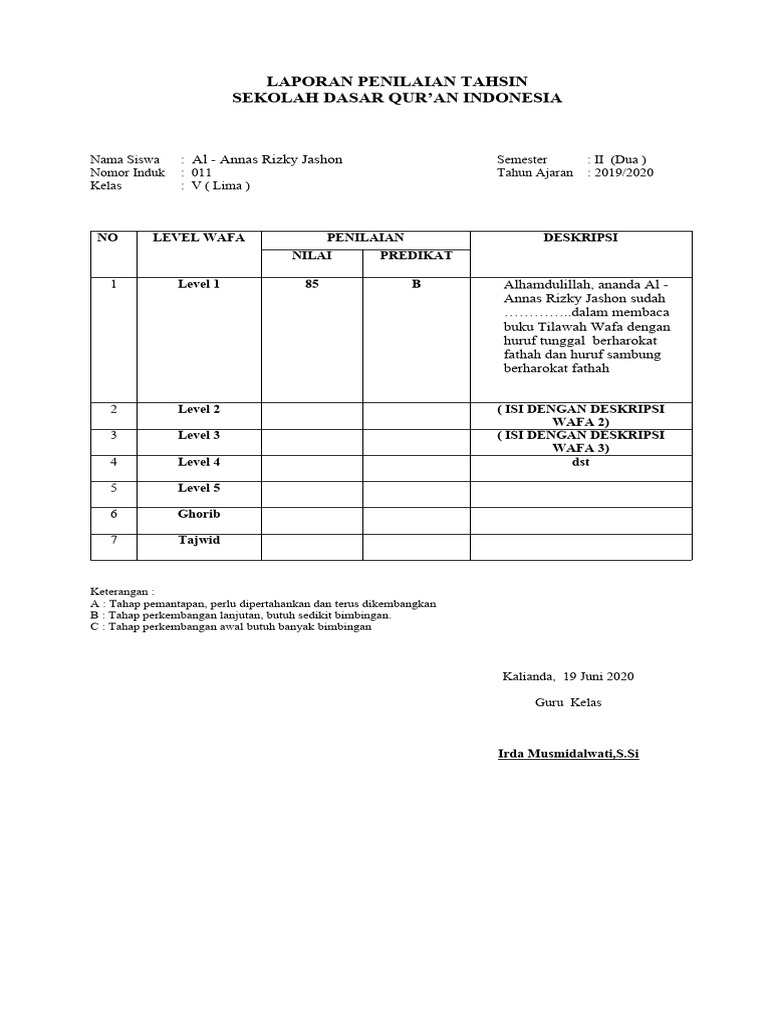 Contoh Raport Wafa Dan Tahfizh | PDF