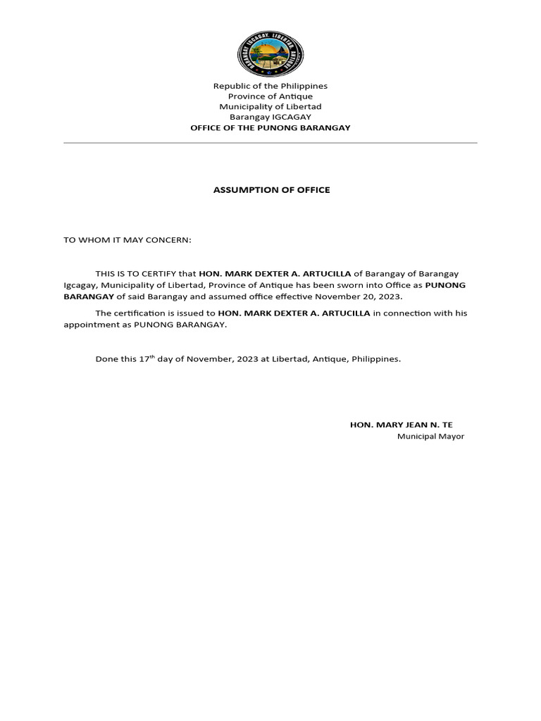 Mark Dexter A. Artucilla Assumes Office | PDF | Philippines