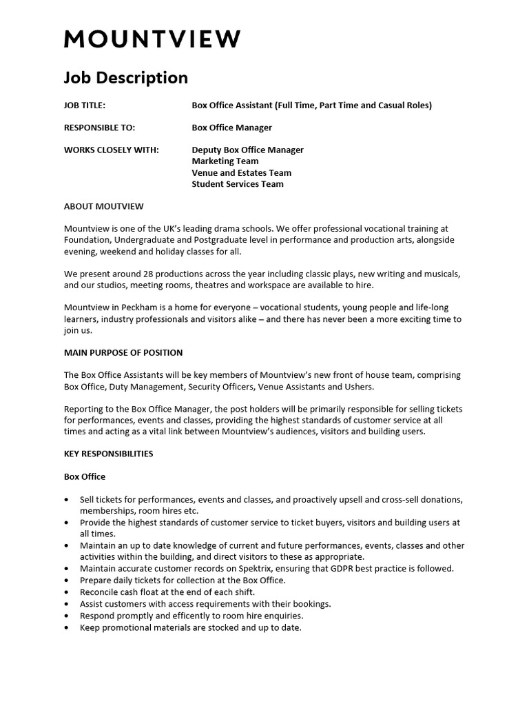 Box Office Assistant Job Description Oct 2018 FINAL | PDF