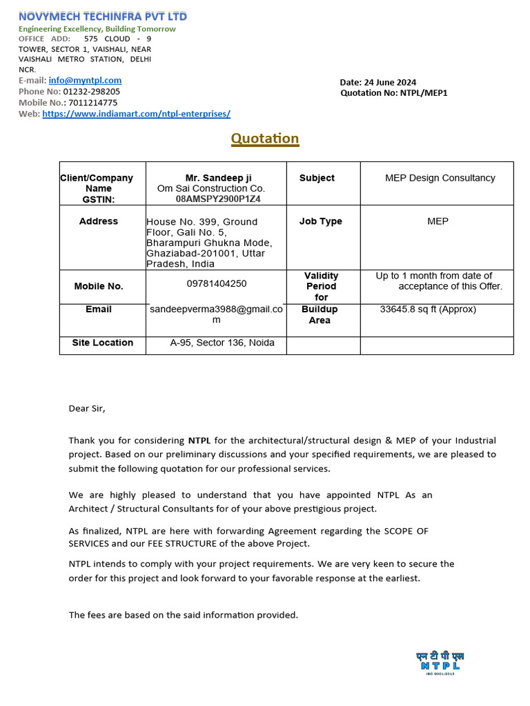 Quotation: Date: 24 June 2024 Quotation No: NTPL/MEP1 | PDF