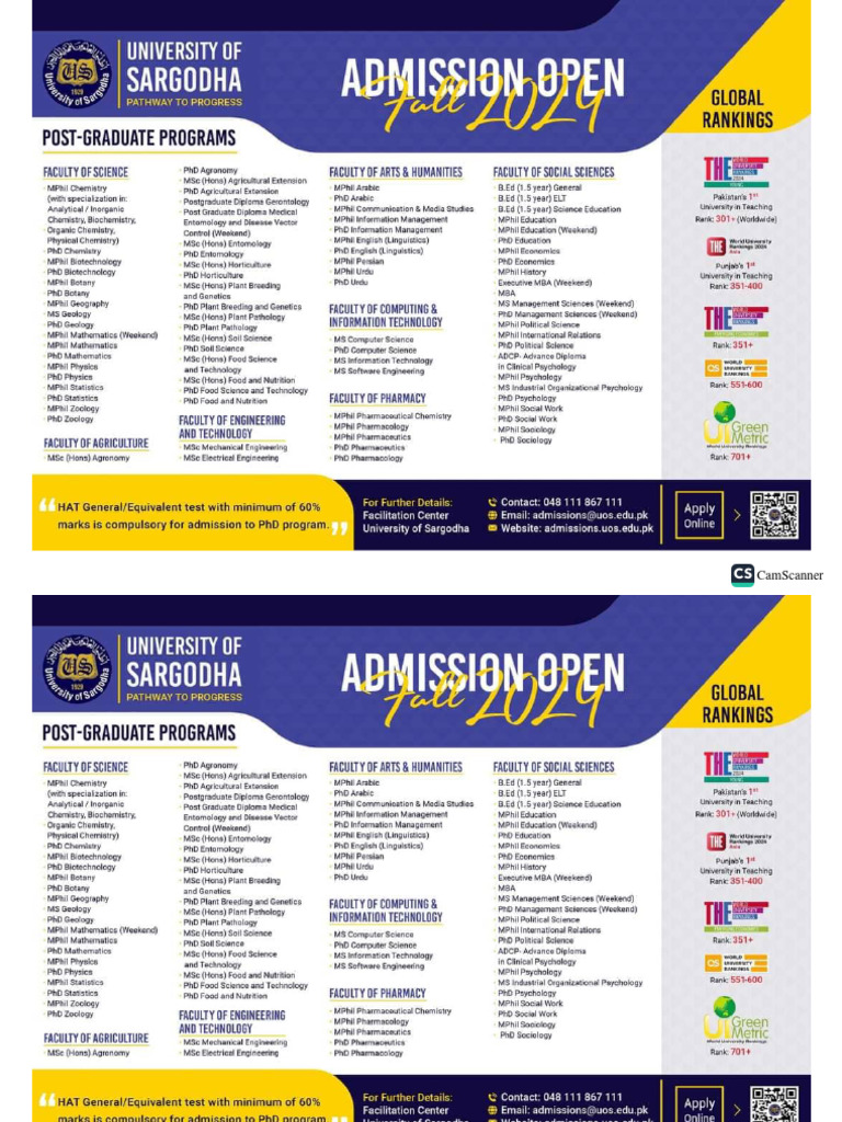 Fall Admissions 2024 University of Sargodha | PDF