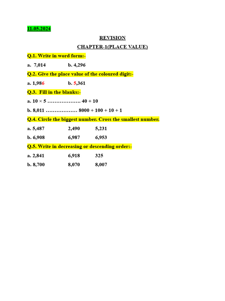 Class 3rd Place Value Revision | PDF