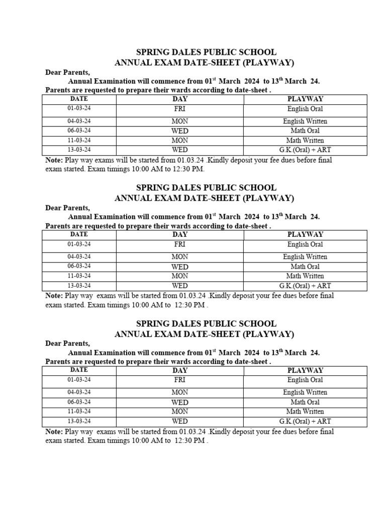 Spring Dales Playway Exam Schedule 2024 | PDF | Qualifications ...