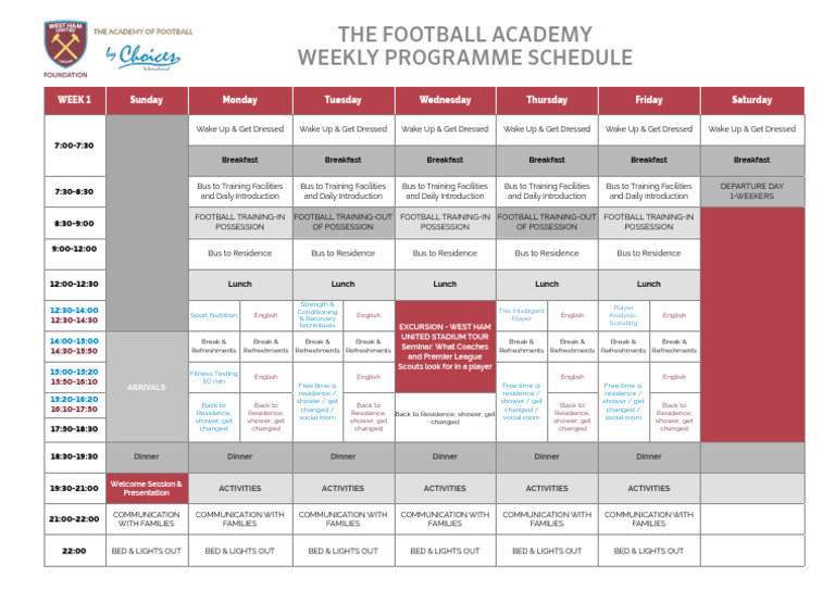 West Ham One Week Sample Weekly Schedule Subject To Change PDF | PDF