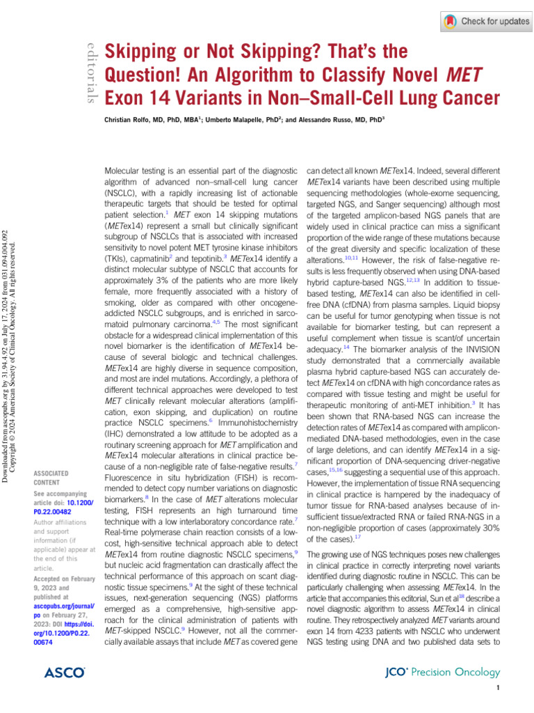 Rolfo C - JCO Precision Oncology - 2023 | PDF | Dna Sequencing | Lung Cancer