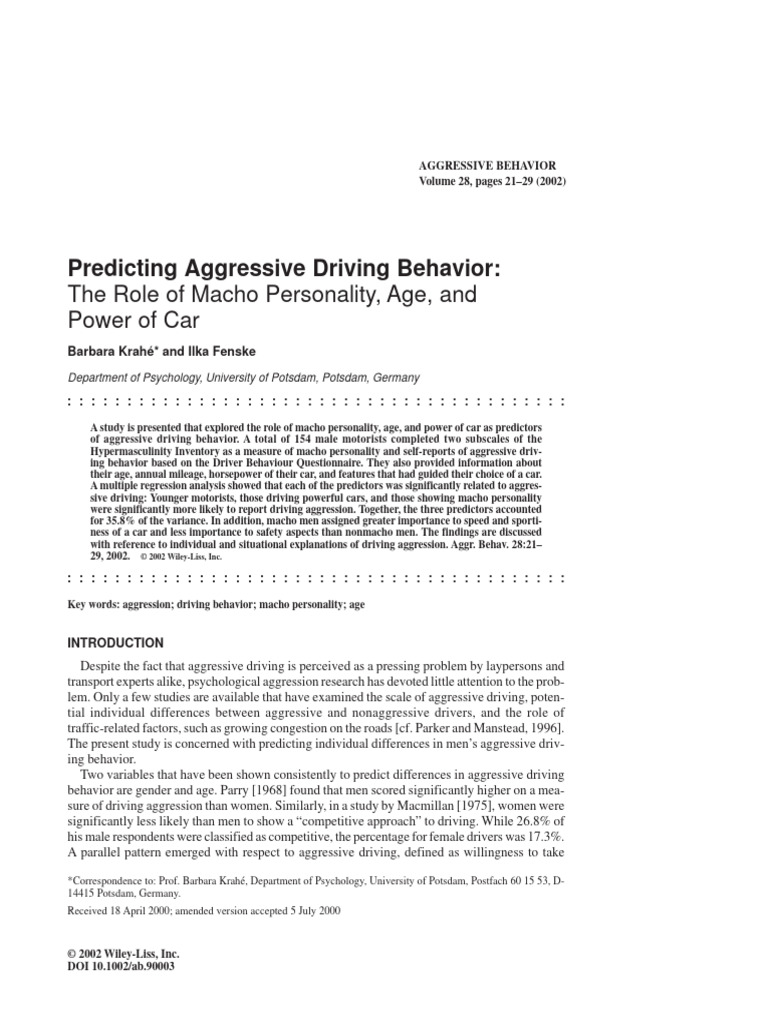 Aggressive Behavior - 2001 - Krahé - Predicting Aggressive Driving ...