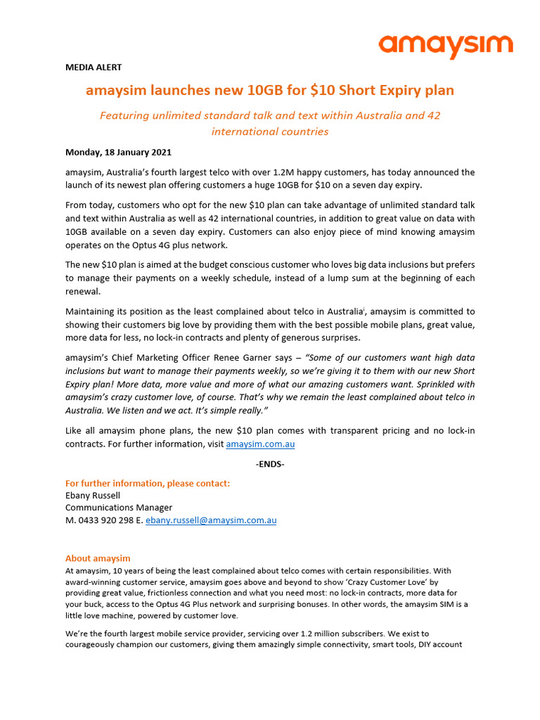 Amaysim Announces Launch of 7 Day Plan | PDF | Service Industries ...