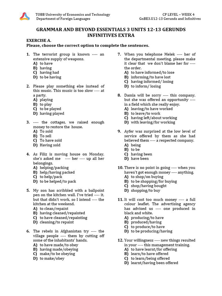 GnBE3.U12-13 Gerunds and Infinitives Test 2 | PDF