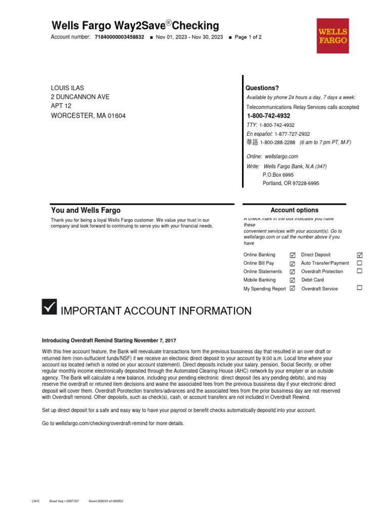 Wells Fargo Way2Save Account Summary | PDF | Overdraft | Deposit Account