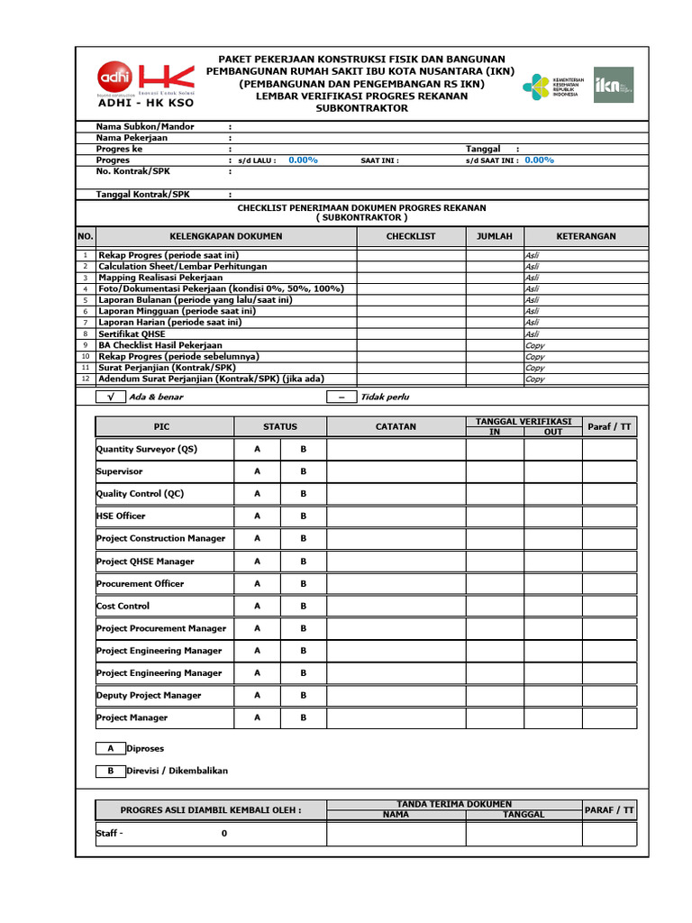 Form Checklist Progres Rekanan Proyek RS IKN-template | PDF
