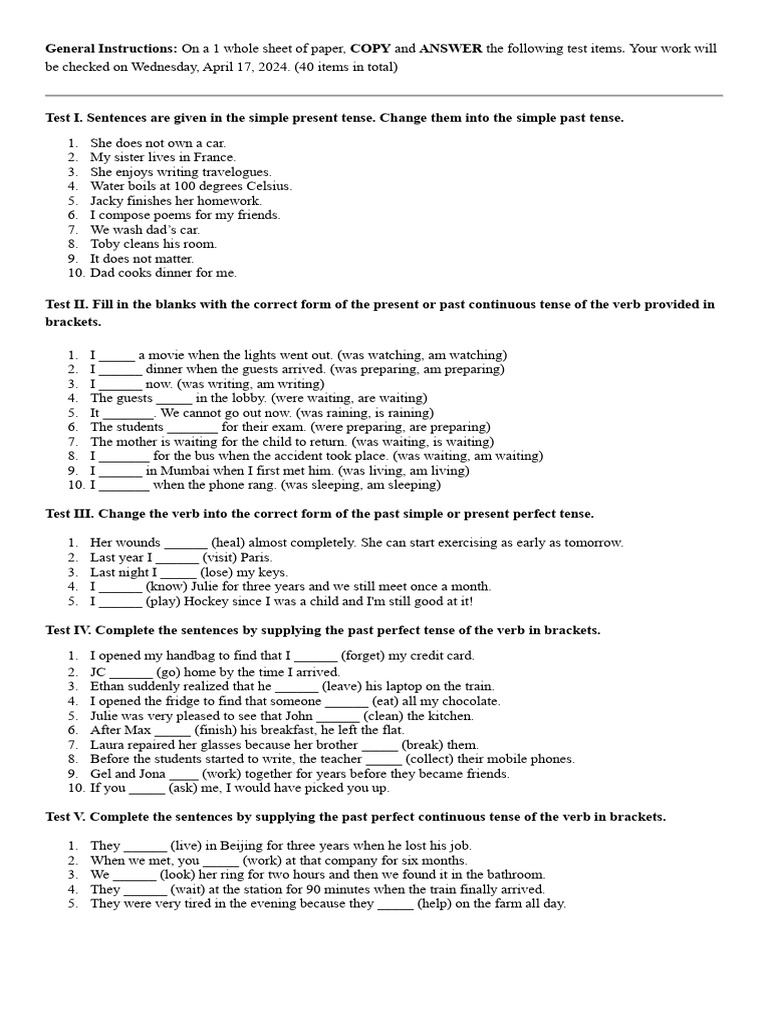 Exercise On Verb Tenses | PDF | Linguistics | Grammar