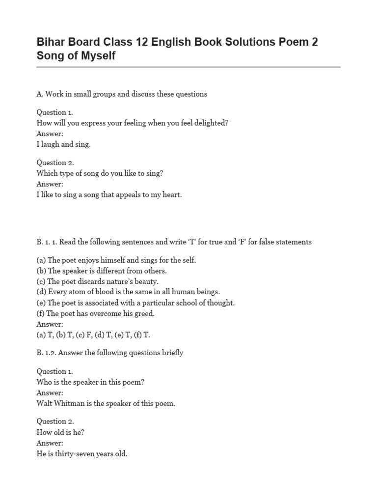 Bihar Board Class 12 English Poem Solutions | PDF