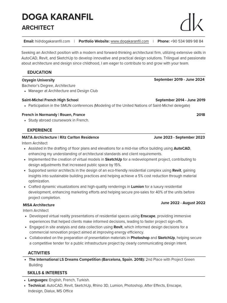 Doga Karanfil - Architect Resume | Download Free PDF | Architect Doga Karanfil - Architect Resume | Download Free PDF | Architect