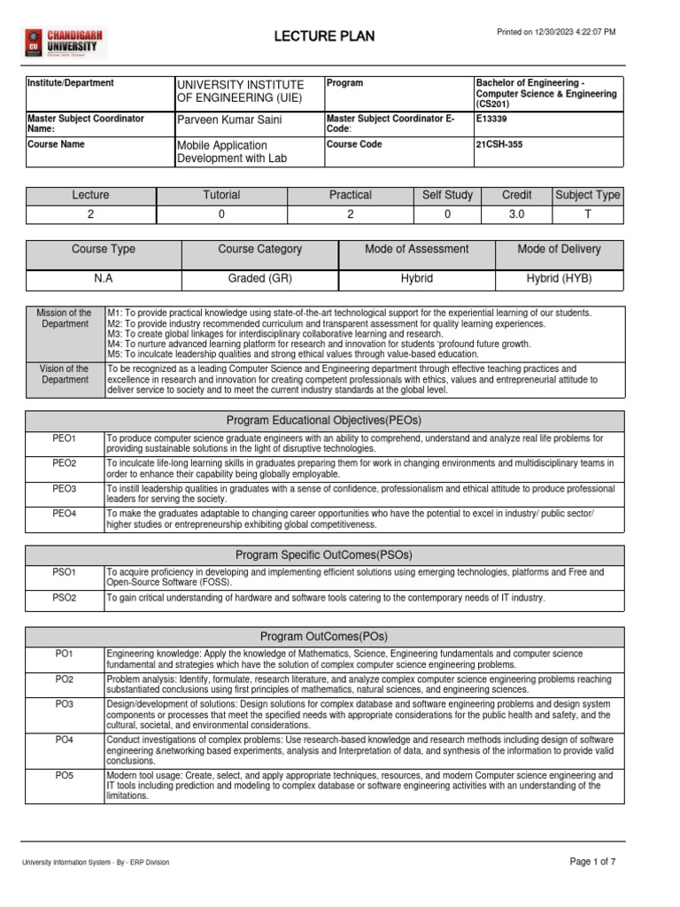 LecturePlan CS201 21CSH-355 | PDF | Mobile App | Android (Operating System)