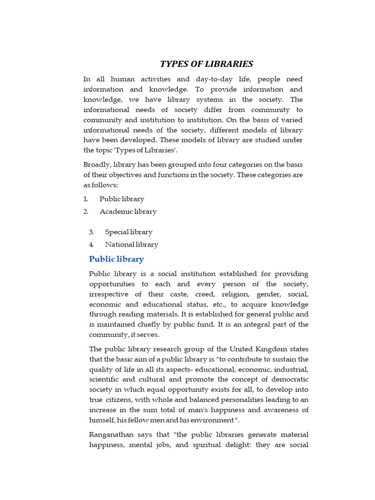 Types of Libraries PDF | PDF | Libraries | Public Library