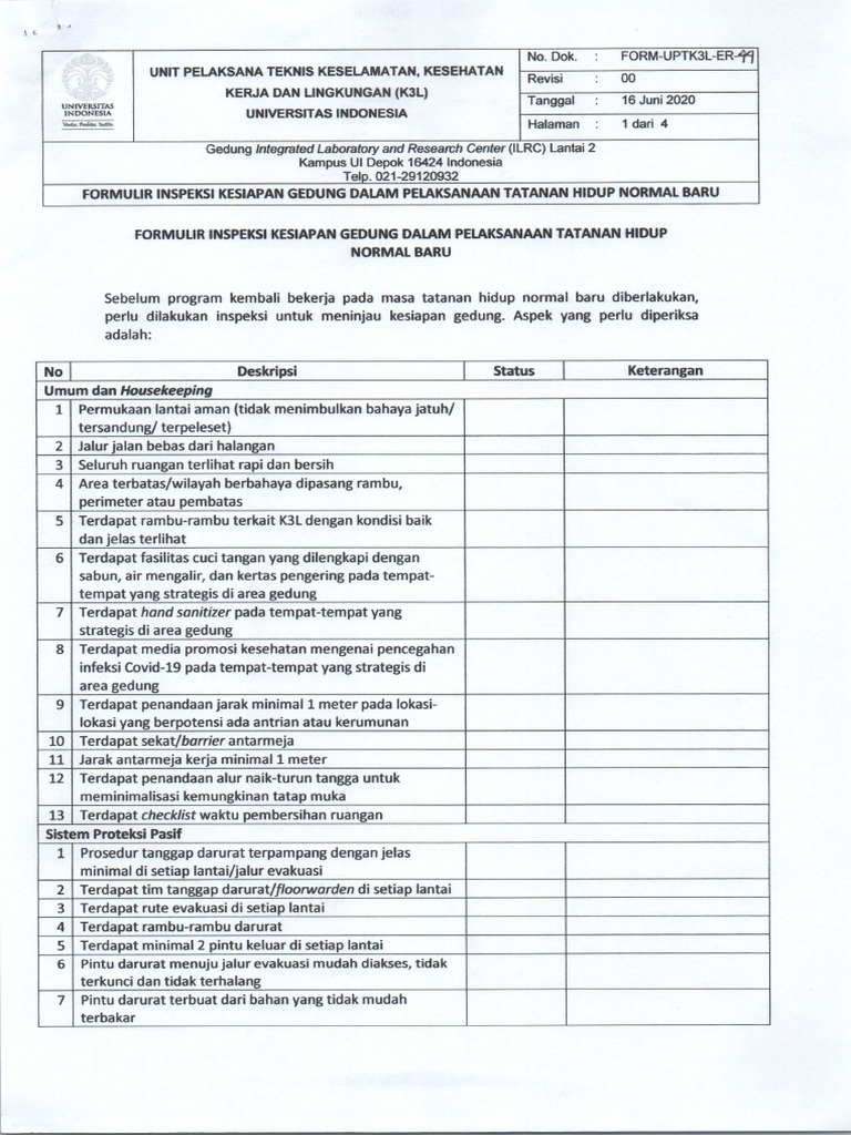 Formulir Inspeksi Kesiapan Gedung Dalam Pelaksanaan Tatanan Hidup ...
