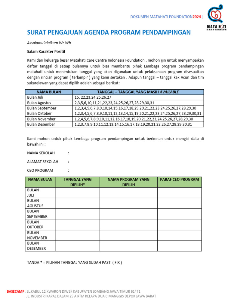 Surat Pengajuan Tanggal Agenda Program Pendampingan 2024 | PDF