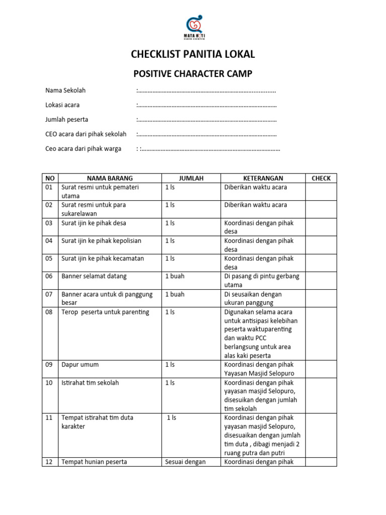 Checklist Panitia Lokal PCC | PDF