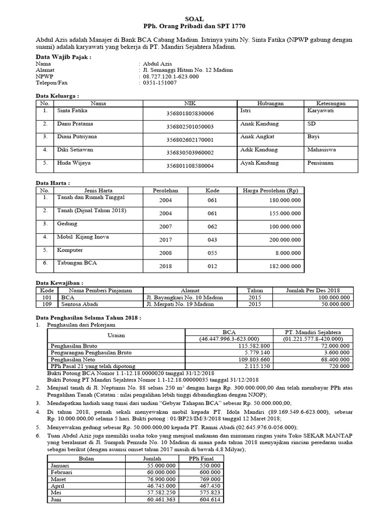 01 SOAL PPH Orang Pribadi Dan SPT 1770 Abdul Azis | PDF