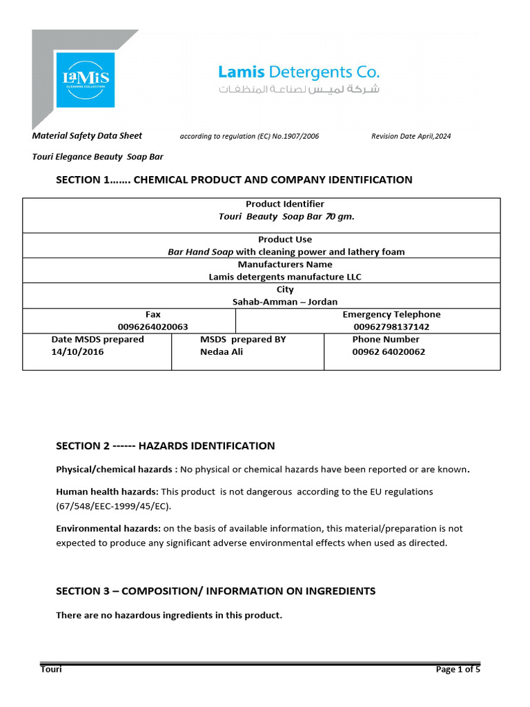 Hand Soap Bar Touri 70gm MSDS | PDF | Hazards | Toxicity