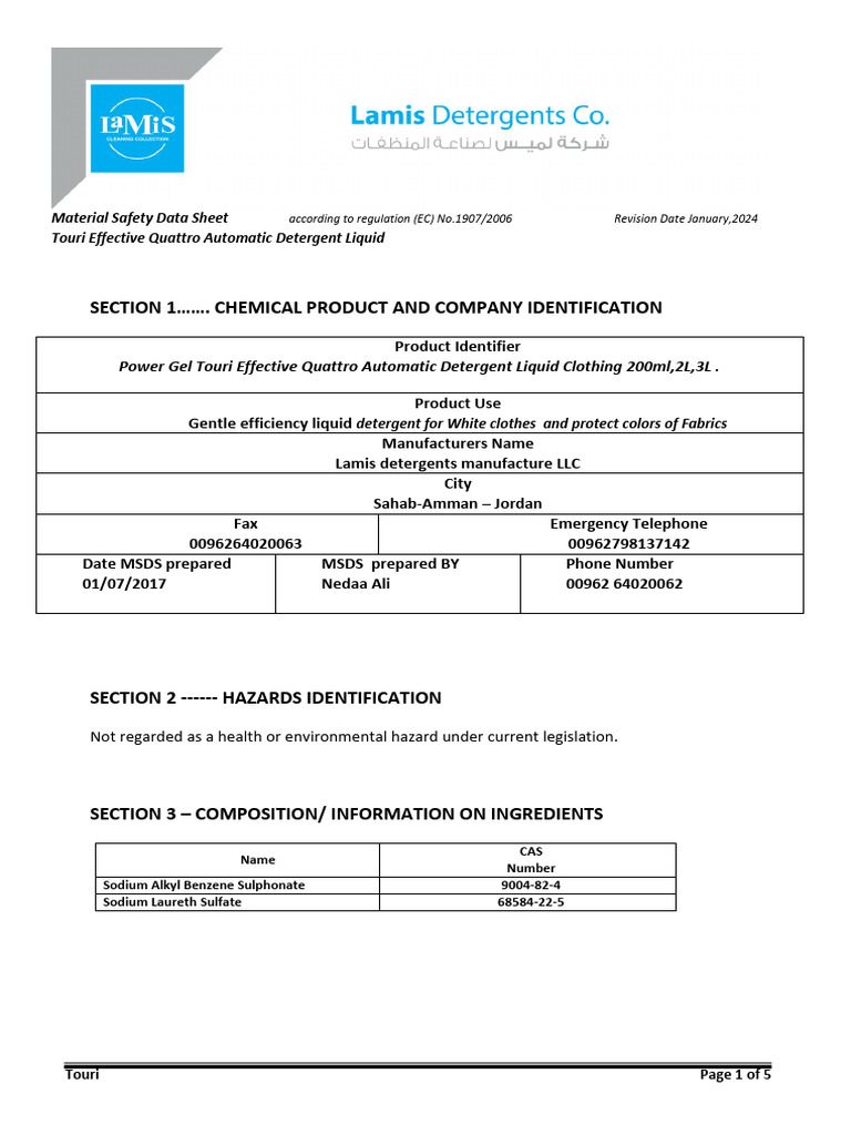 Touri Quattro Auto Detergent Liq MSDS | PDF | Safety | Occupational ...