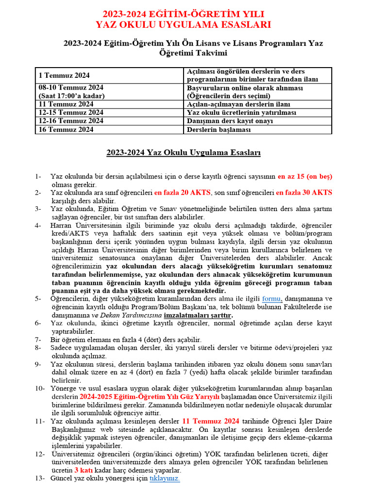 2023 2024 Yaz Okulu Takvimi Ve Yaz Okulu Uygulama Esaslari 27062024 | PDF