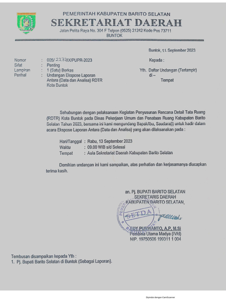 Undangan Rapat Ekspos Lap - Antara RDTR Kota Buntok | PDF