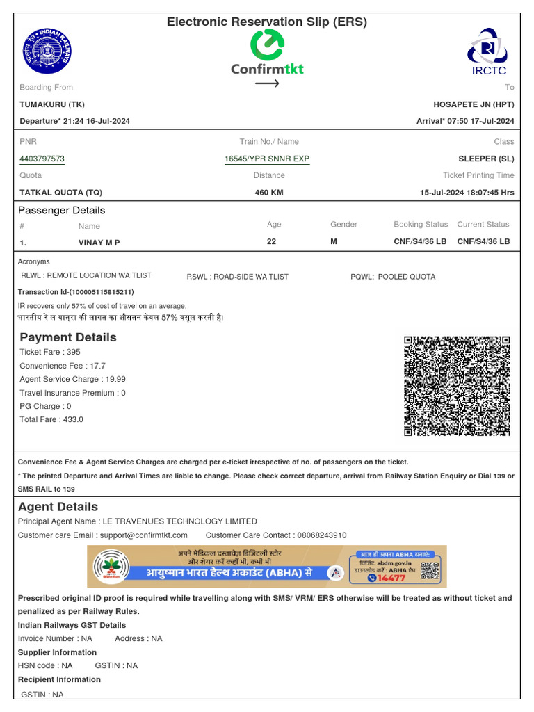Railway Sleeper Ticket | PDF | Identity Document