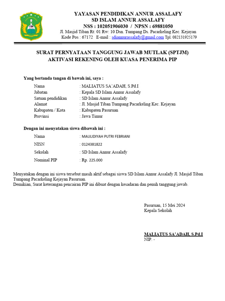 Aktivasi Rekening PIP SD Annur | PDF