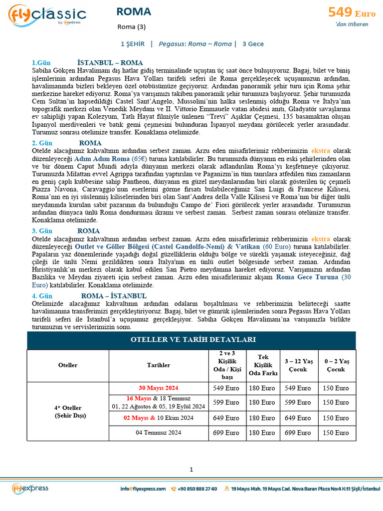 FCO - ROMA - 3 Gece - Pegasus - Fco-Fco | PDF