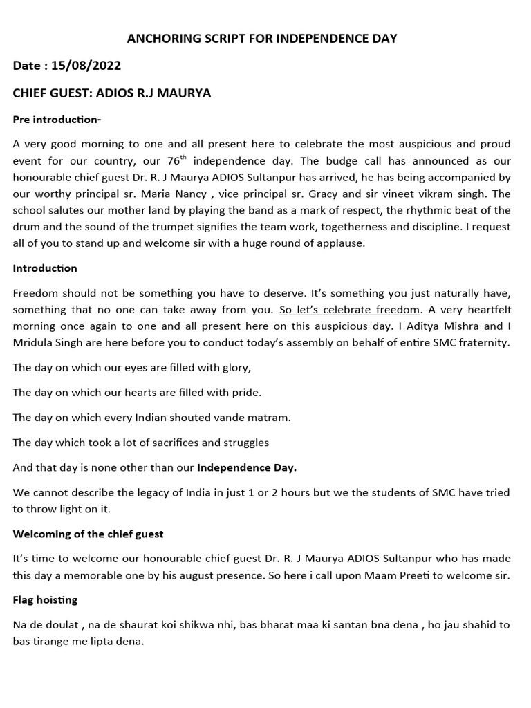 Anchoring Script For Independence Day | PDF