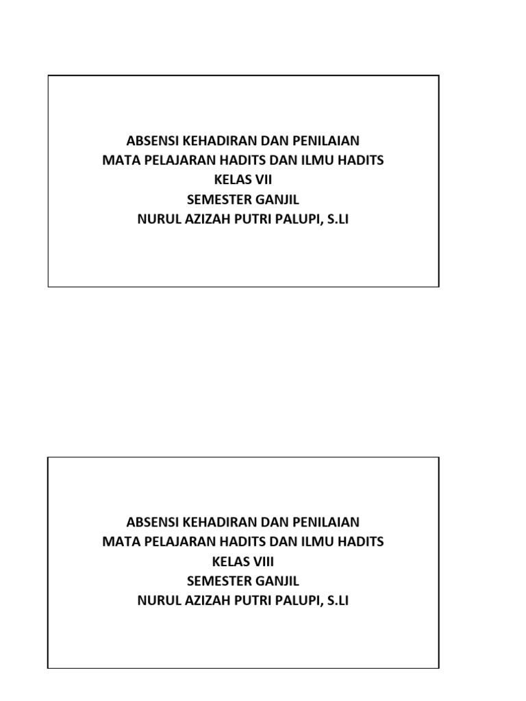 Daftar Absensi Dan Penilaian Mapel Hadits Wustha | PDF