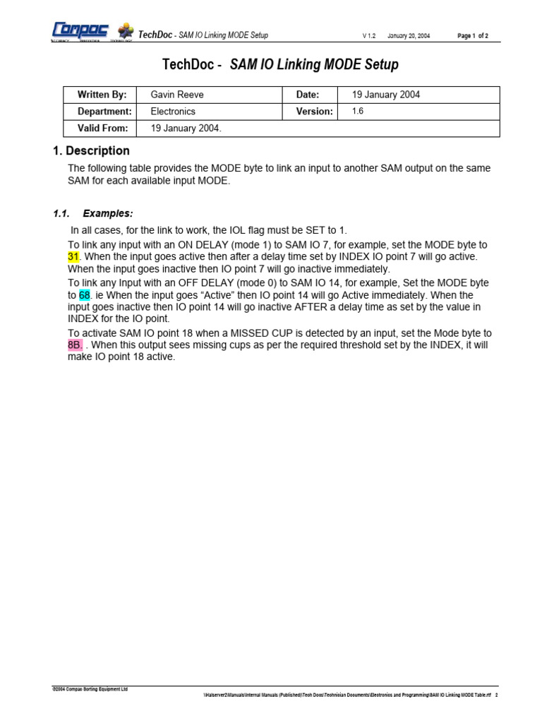 SAM IO Linking MODE Table | PDF