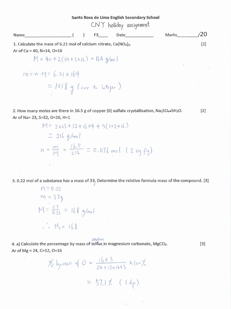 Solutions To CHY Assignment | PDF | Chemical Compounds | Chemical Substances