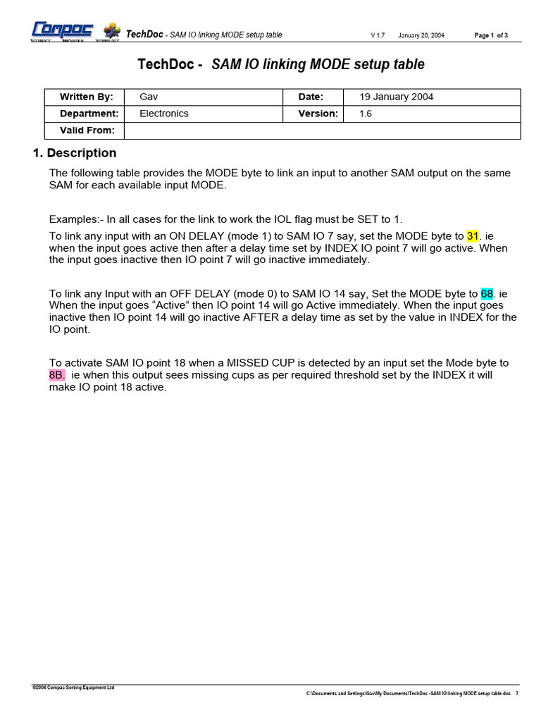 TechDoc - SAM IO Linking MODE Setup Table | PDF